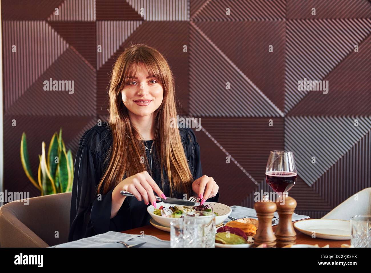 Woman have luxury dinner. Indoors of new modern luxury restaurant Stock ...