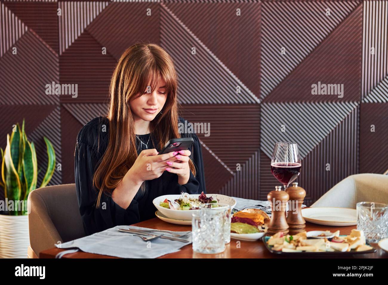 Woman have luxury dinner. Indoors of new modern luxury restaurant Stock ...