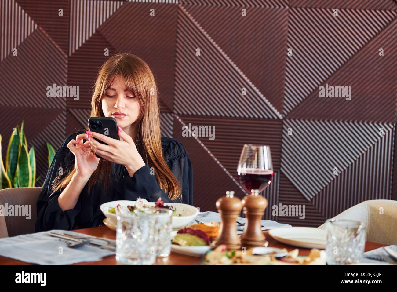 Woman have luxury dinner. Indoors of new modern luxury restaurant Stock ...