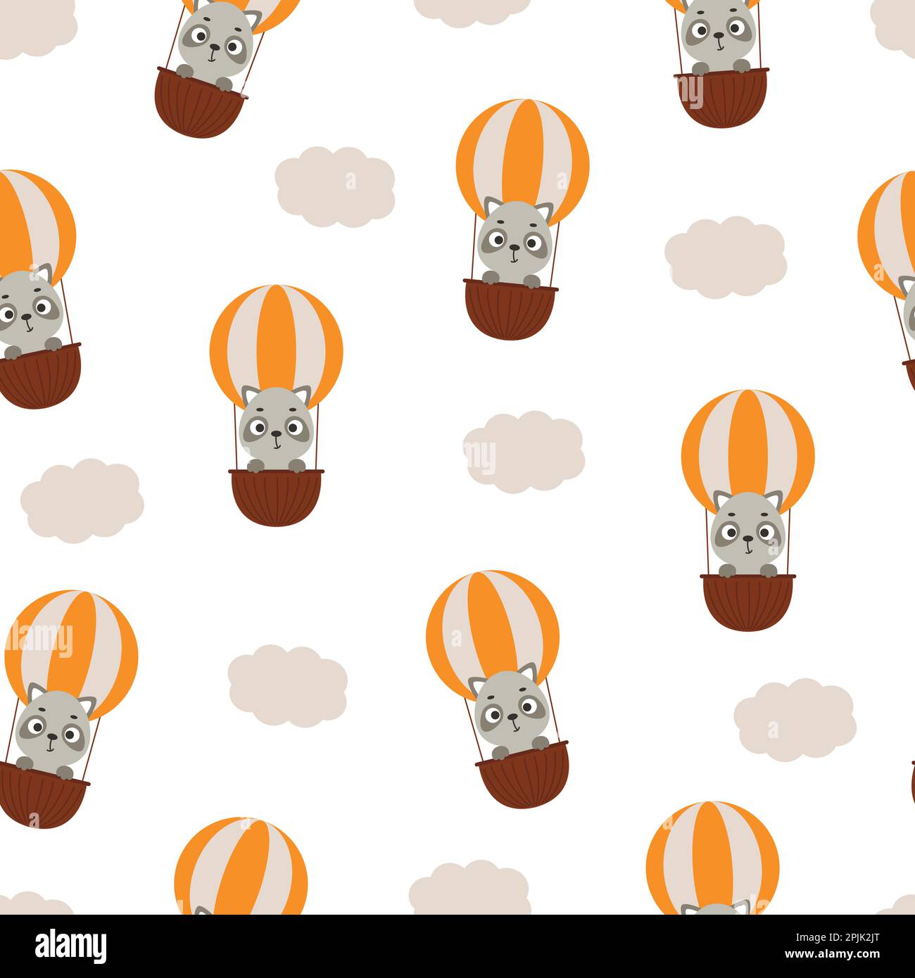 Cute little raccoon flying on hot air balloon seamless childish pattern ...