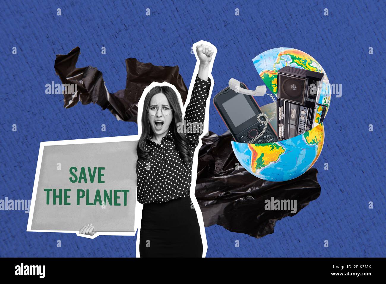 Artwork magazine collage picture of confident serious lady save the ...