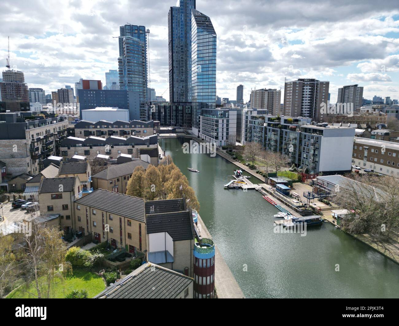 City road basin Regents canal Islington London UK drone aerial view ...