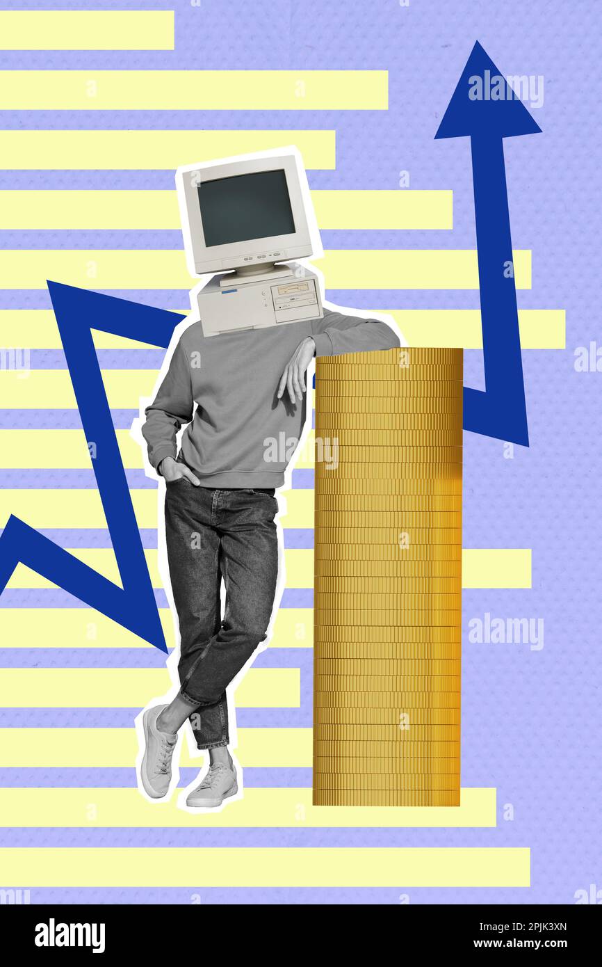 Vertical collage picture of mini black white gamma guy pc display instead head pile stack money ...