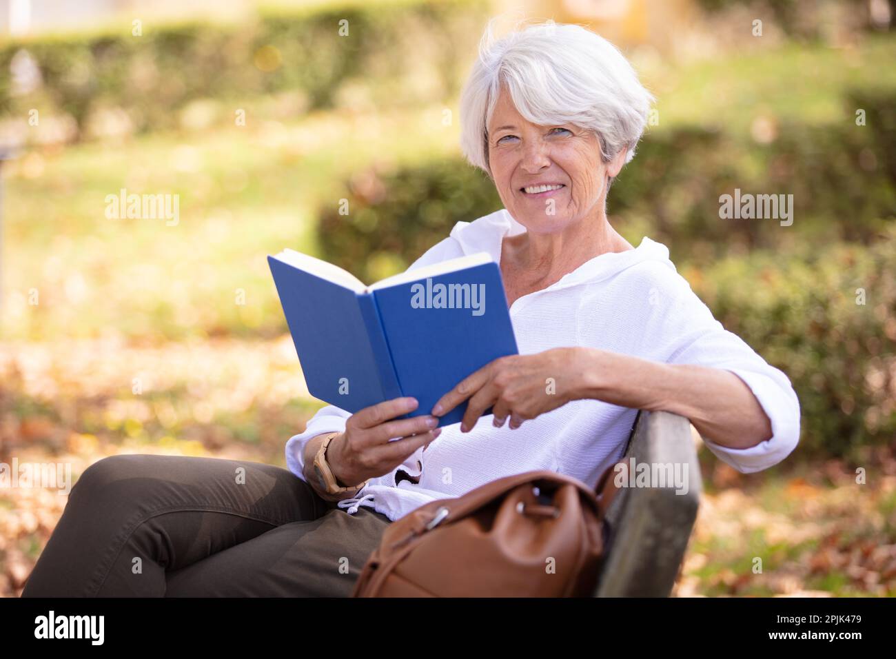 retired woman reading a book on the bench Stock Photo - Alamy