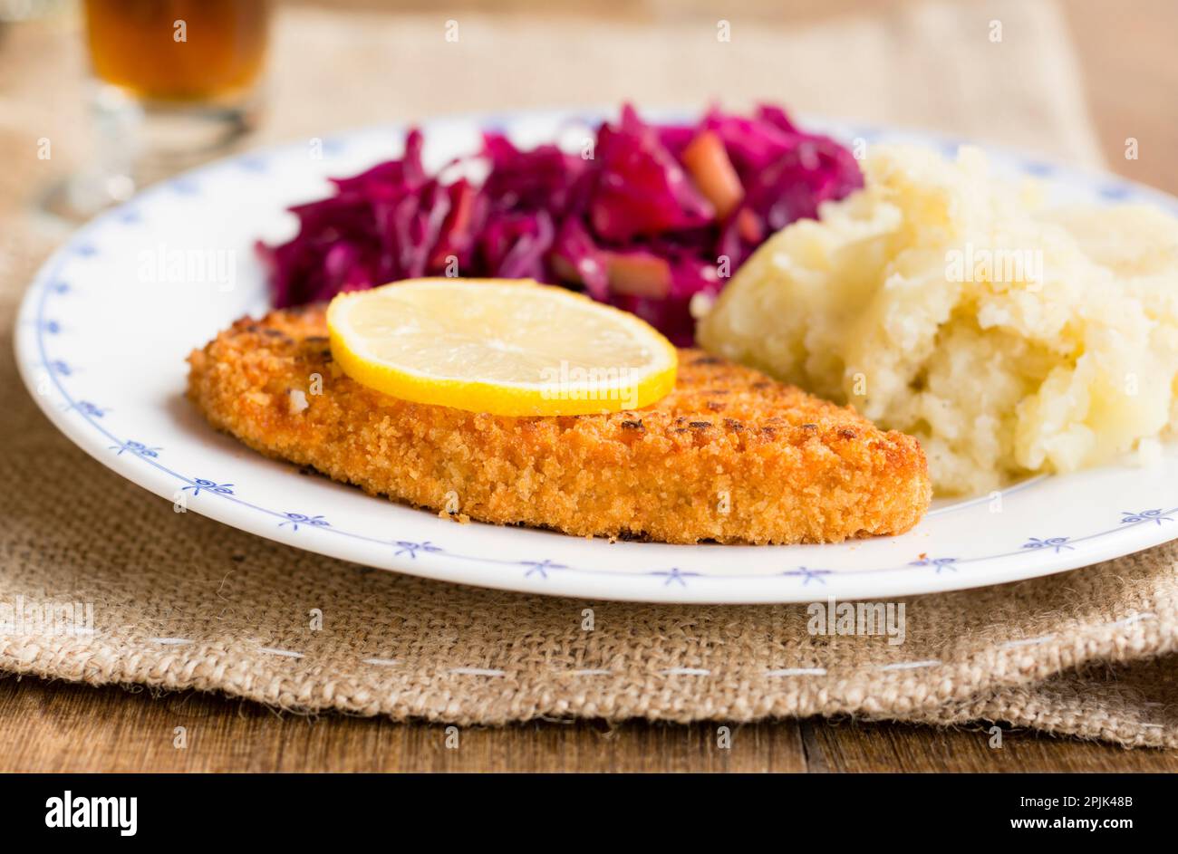 Vegan Schnitzel with Red Cabbage and Apple and Mashed Potato Stock ...