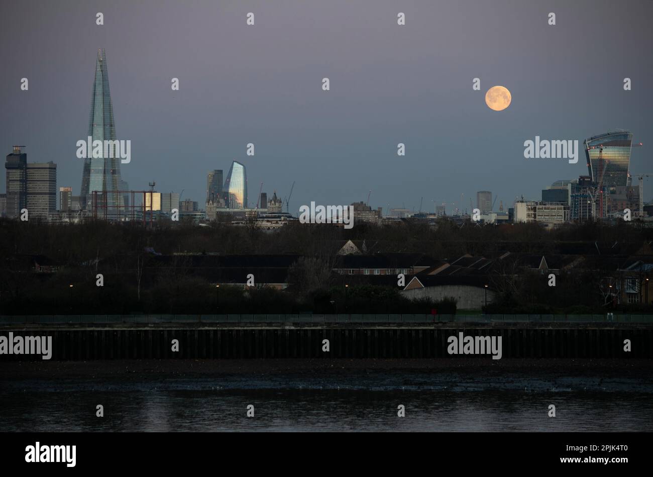 The London skyline as the moon sets early in the morning, as viewed ...