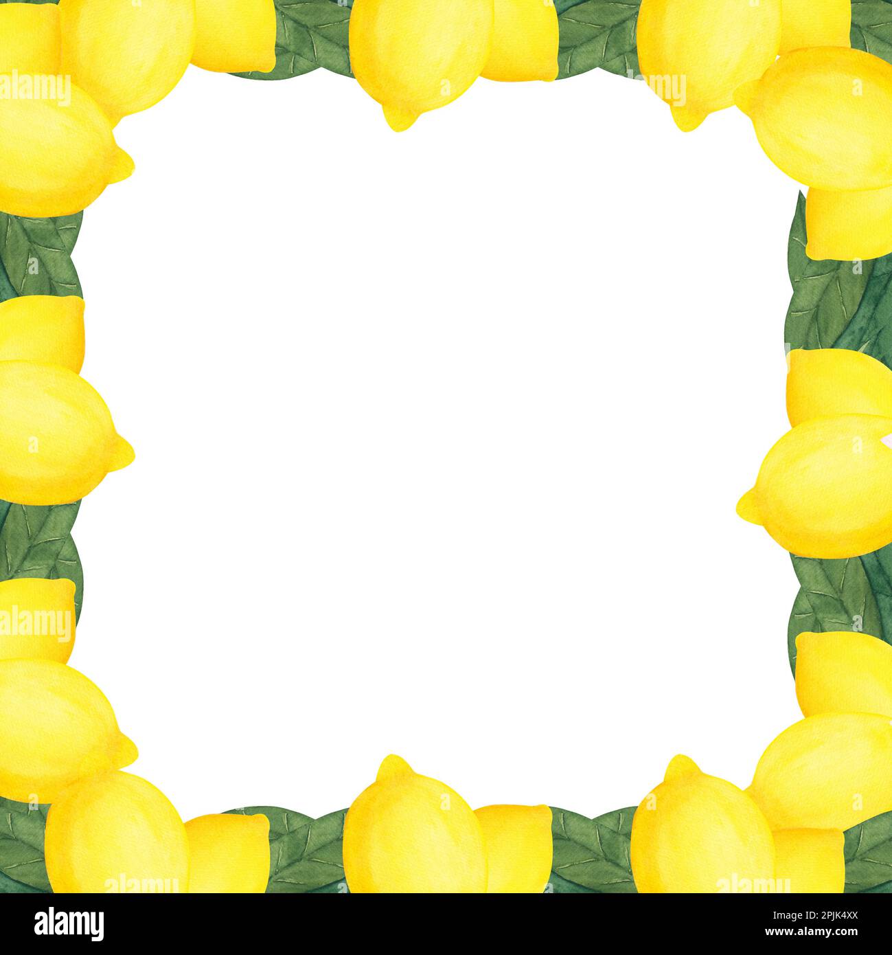 watercolor yellow lemon border with green leaves - frame, hand drawn ...