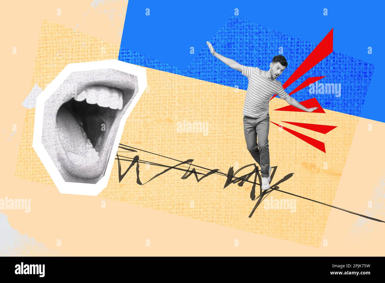 Creative collage image of big talking screaming mouth yell mini black ...