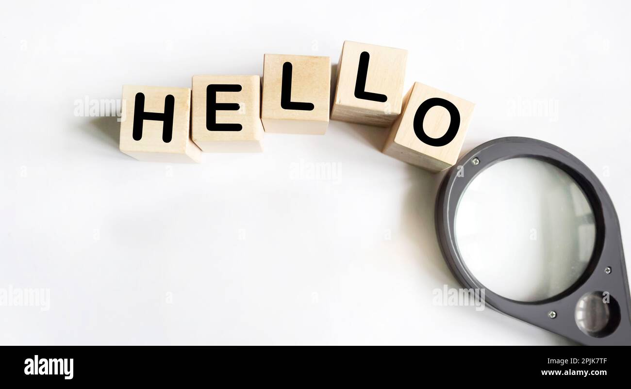 The word Hello made of wooden letters on a white background with a ...