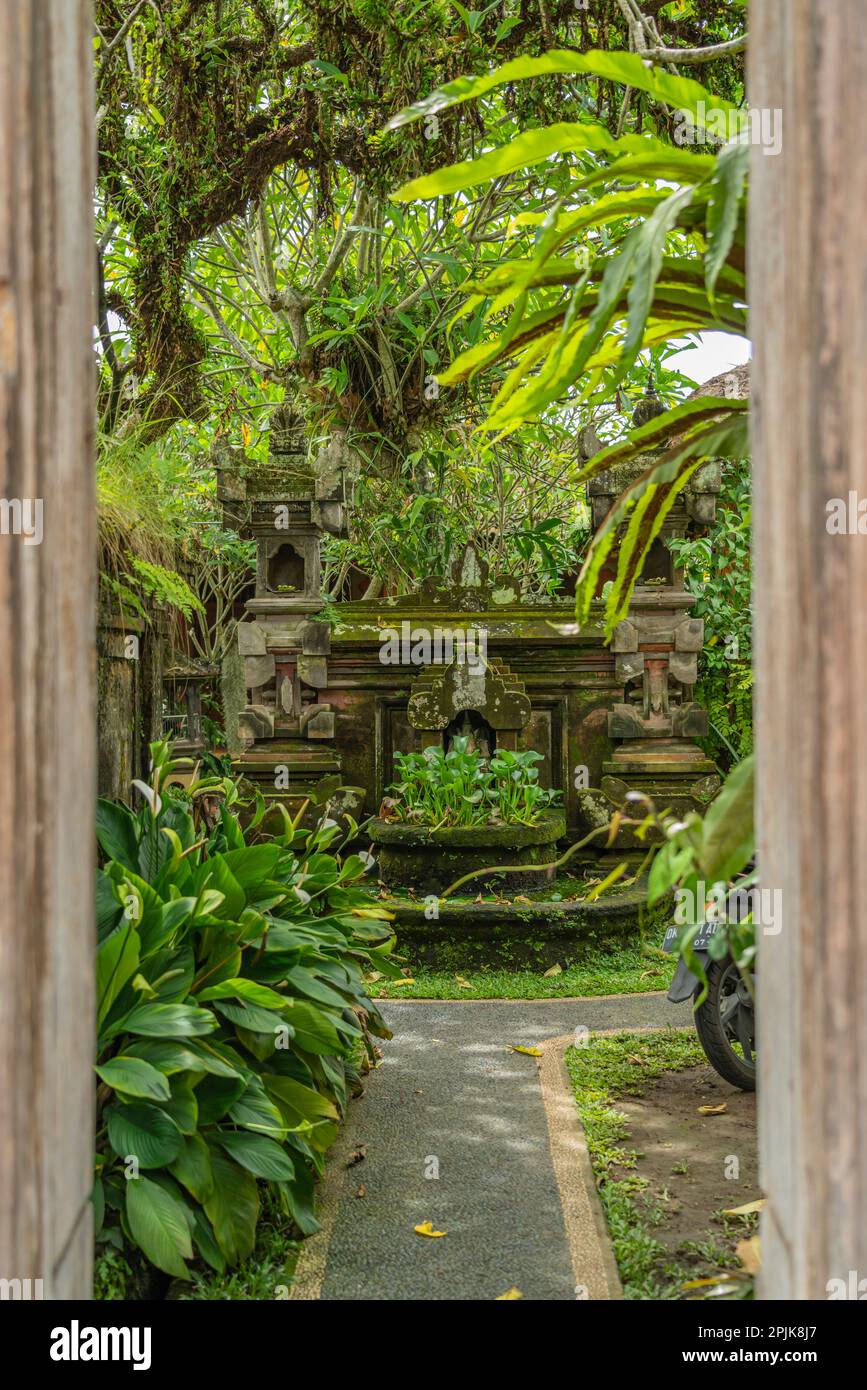 Entrance of an traditional Balinese house with green plants and stone ...