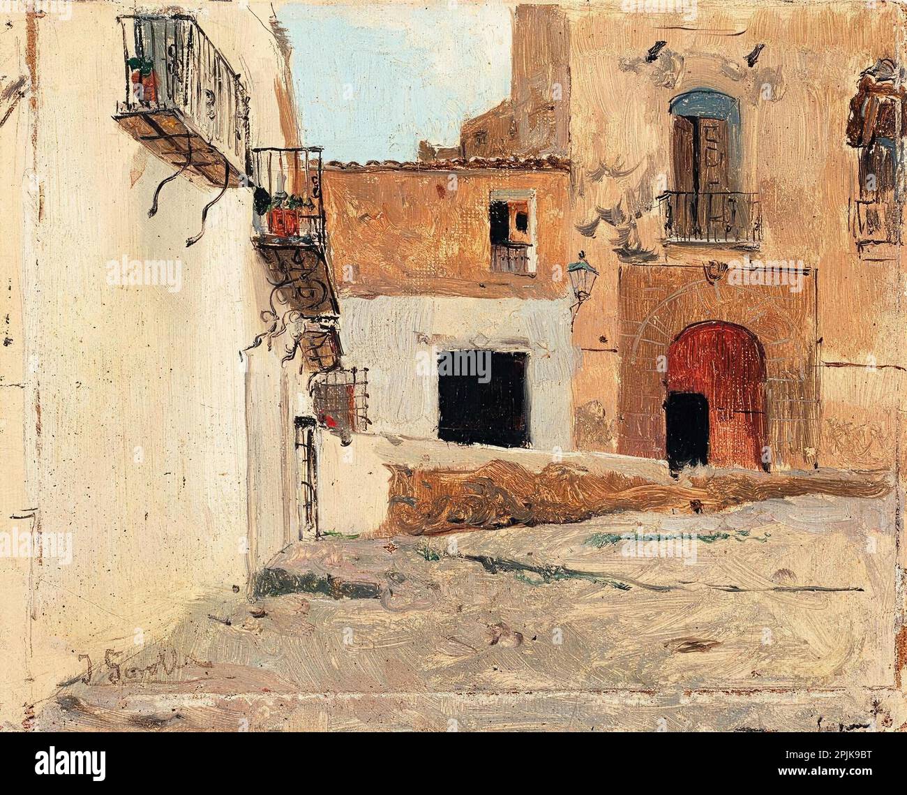 Joaquín Sorolla/ Plaza de un pueblo, plaza de Valencia, 1878-1880. Óleo ...