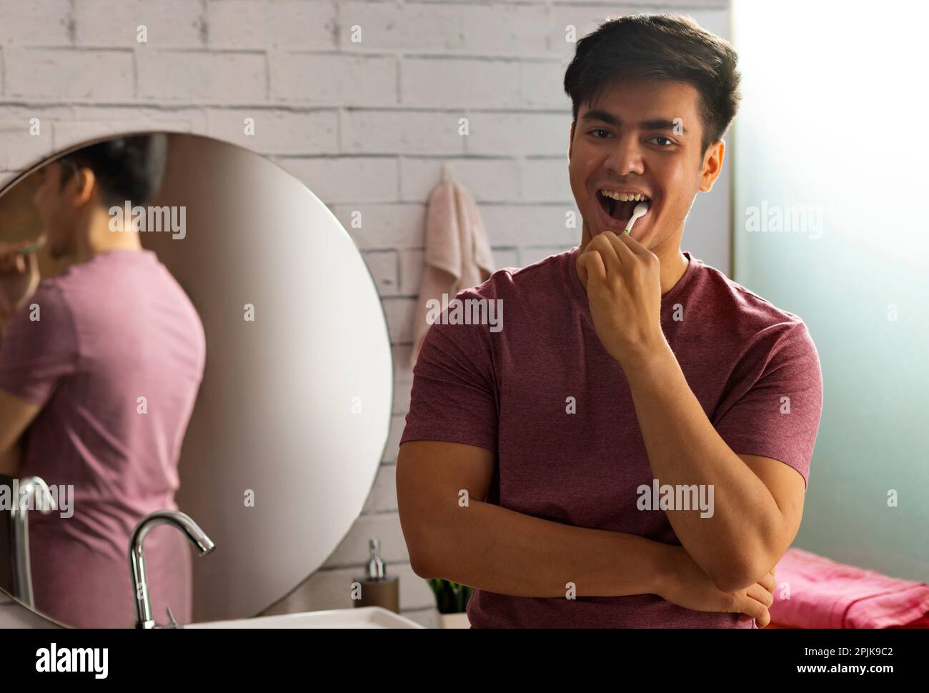 Young man brushing his teeth in bathroom Stock Photo - Alamy