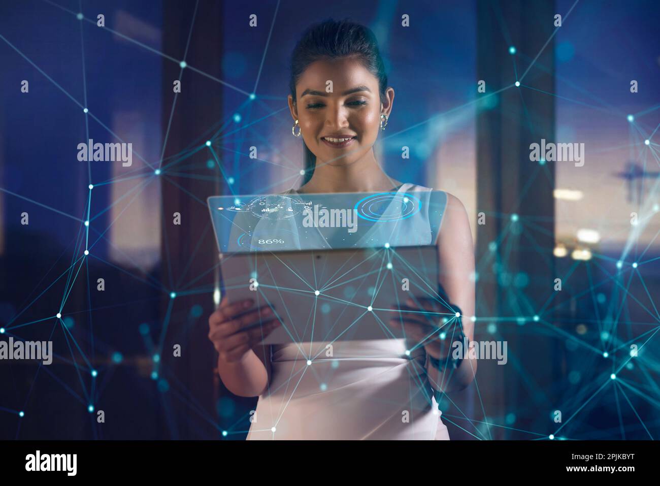 Young woman uses digital tablet on virtual visual screen at night Stock ...