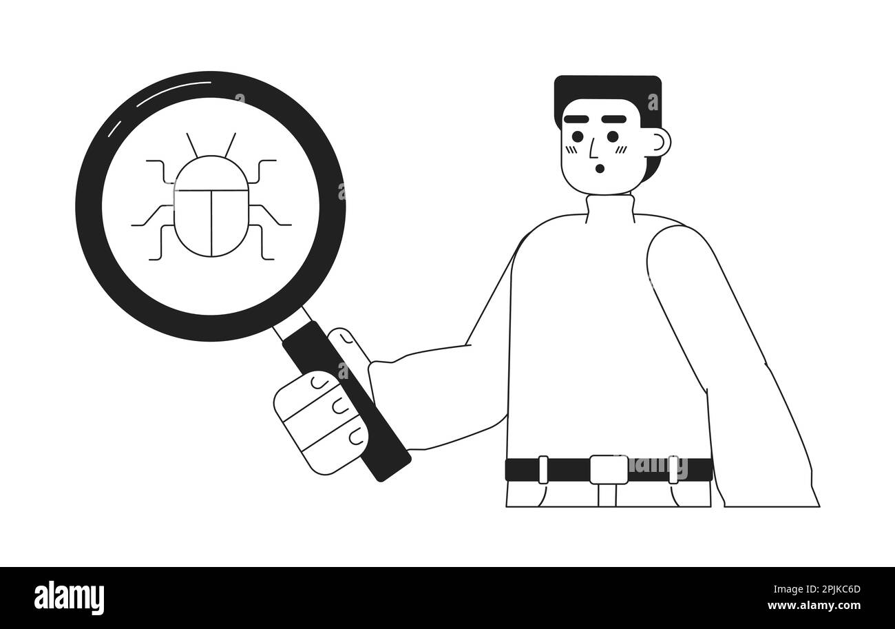 Bug tester with magnifying glass black and white concept vector spot ...