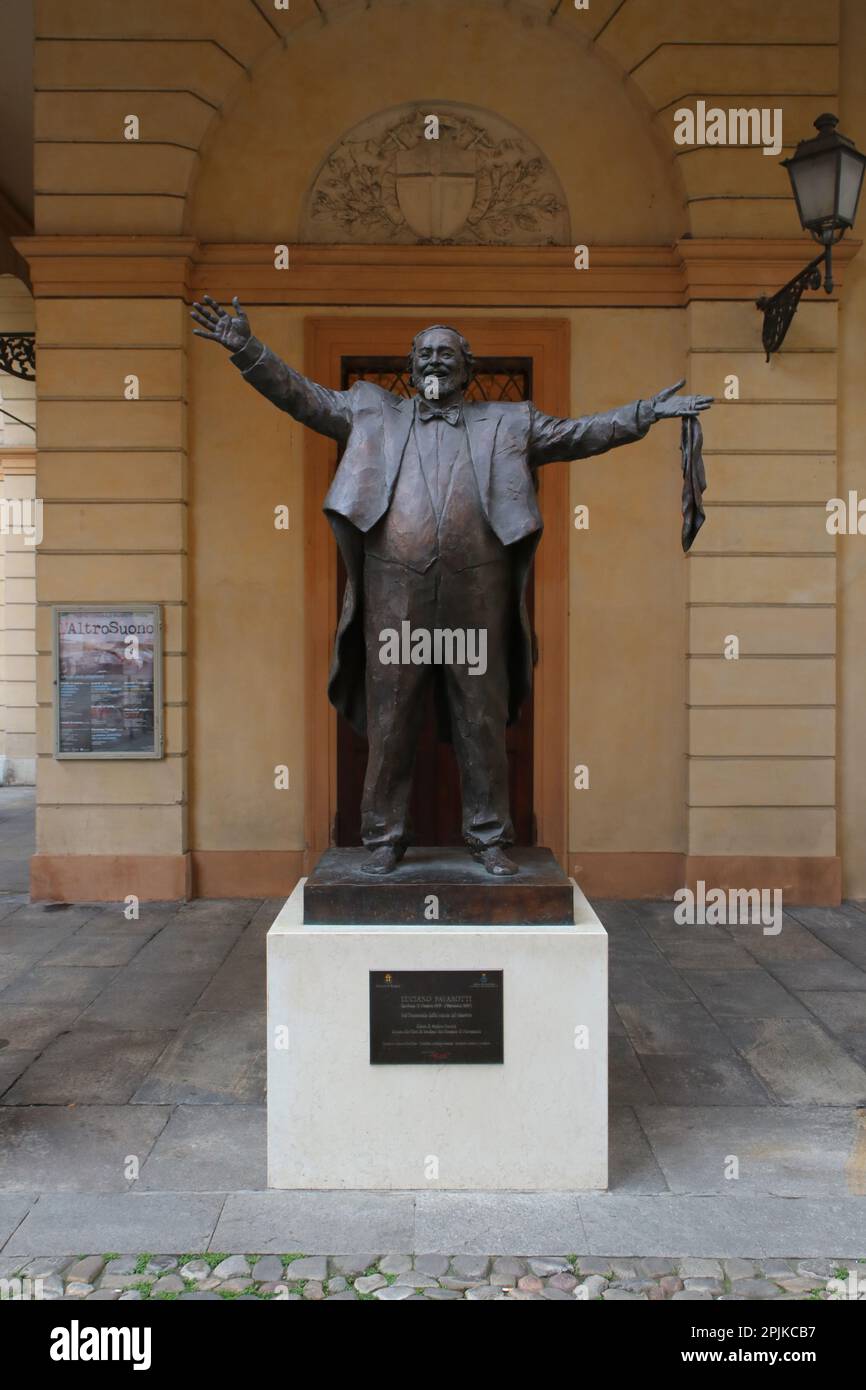 Modena, Italy, april 2023, bronze statue of Luciano Pavarotti tenor ...