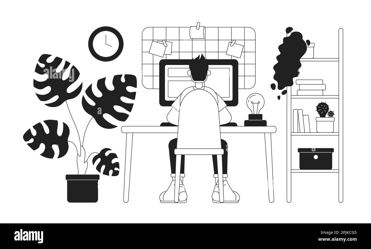 Cozy home office setup with freelancer 2D vector monochrome isolated ...