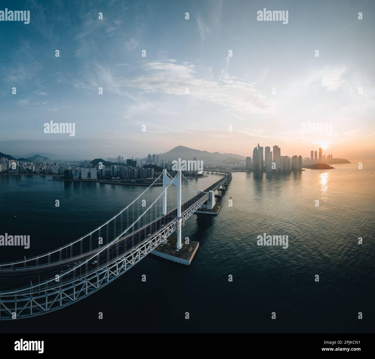 Aerial Drone View of sunrise or Sunset at Haeundae Sea, Gwangandaegyo ...