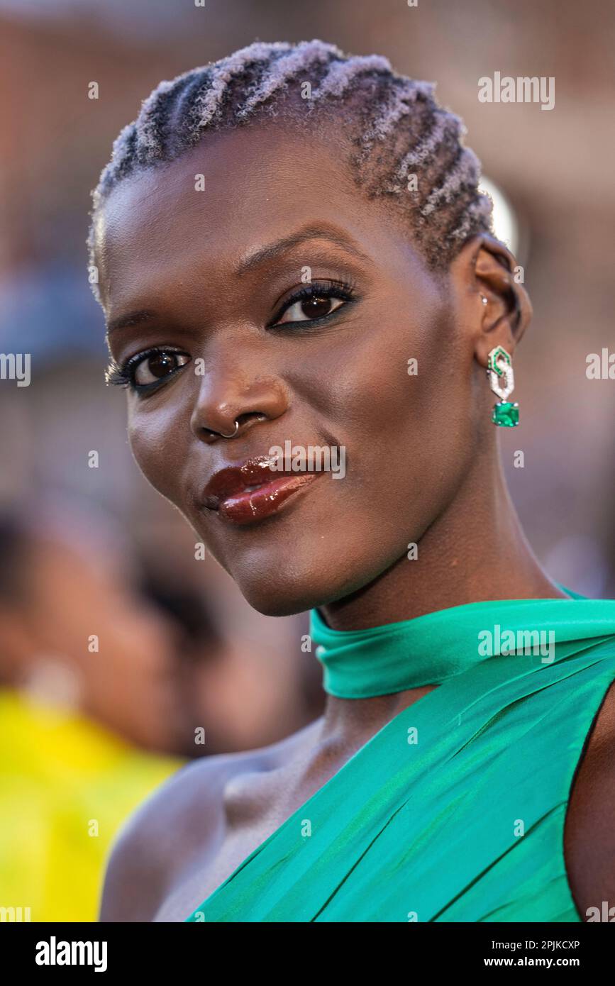 Sheila Atim poses for photographers upon arrival at the Olivier Awards ...