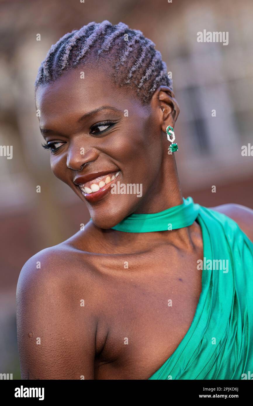 Sheila Atim poses for photographers upon arrival at the Olivier Awards ...