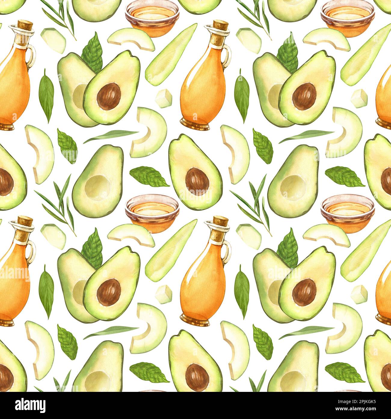Watercolor seamless pattern of fresh whole, sliced avocado and oil ...