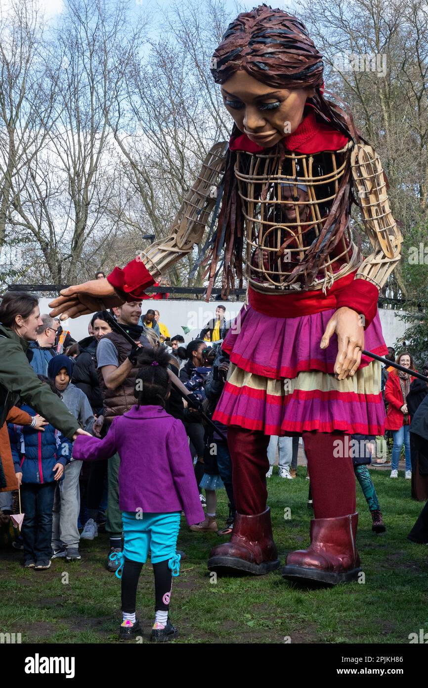 London, UK. 2nd April, 2023. Little Amal, a 12 foot puppet of a 10-year ...