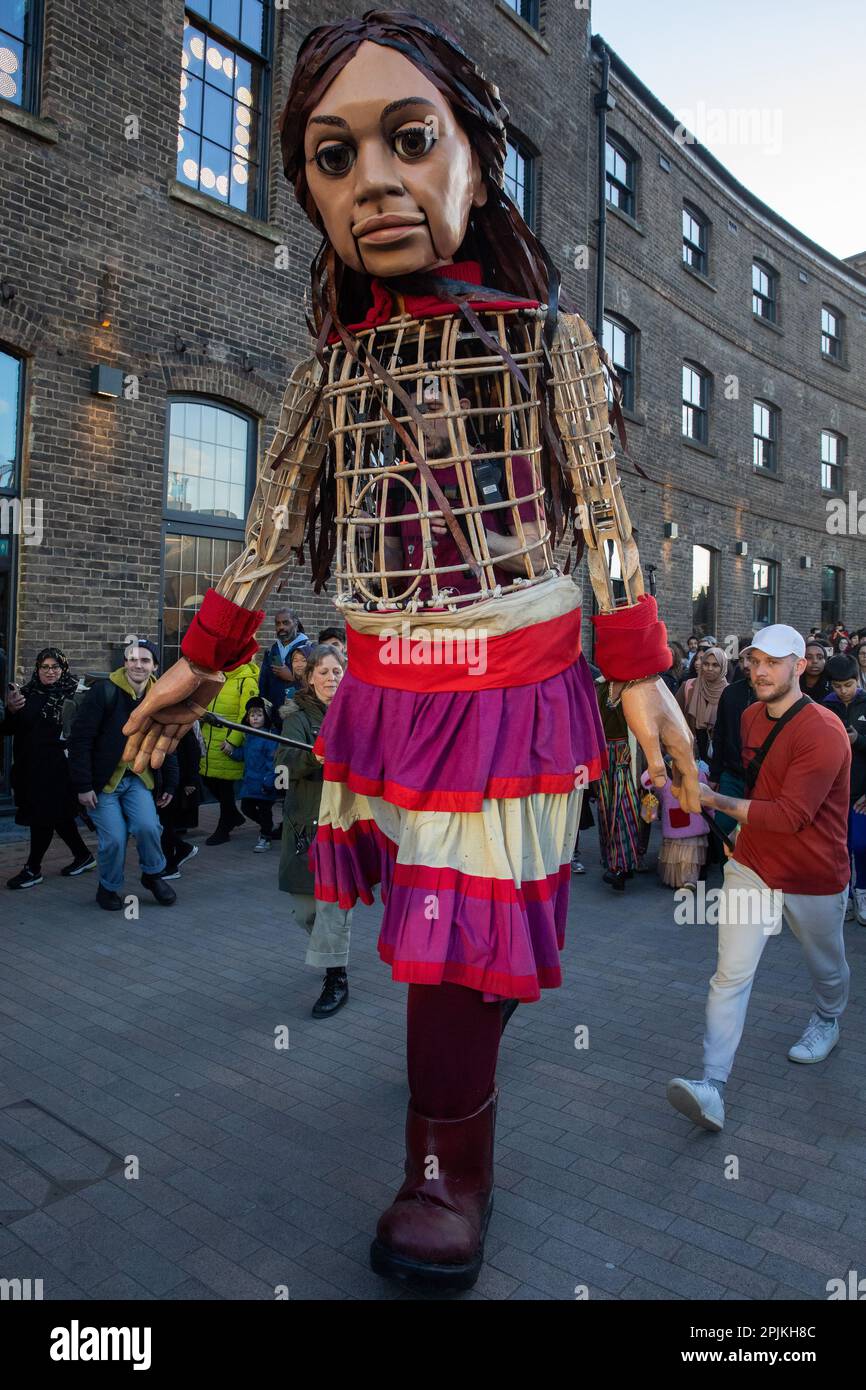 London, UK. 2nd April, 2023. Little Amal, a 12 foot puppet of a 10-year ...