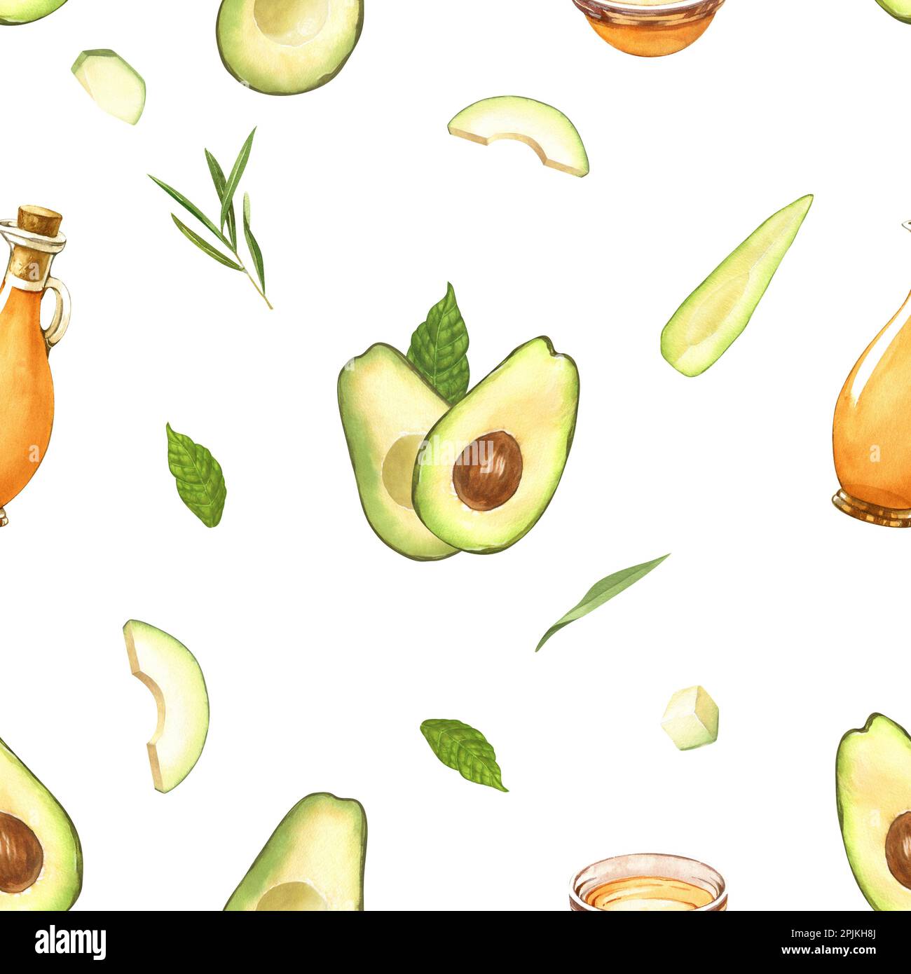 Watercolor seamless pattern of fresh whole, sliced avocado and oil ...