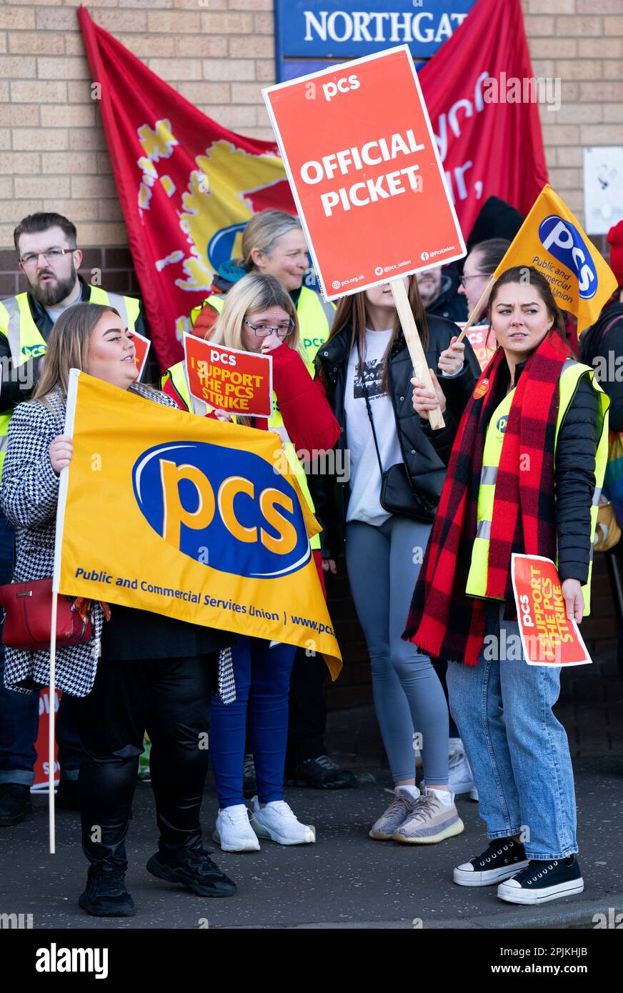 Members of the PCS union on the picket line outside the Passport Office ...