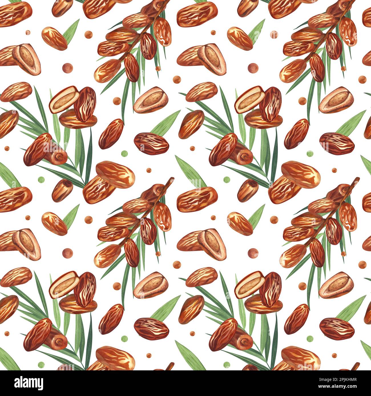 Watercolor dry date palm fruit seamless pattern. Hand-drawn ...