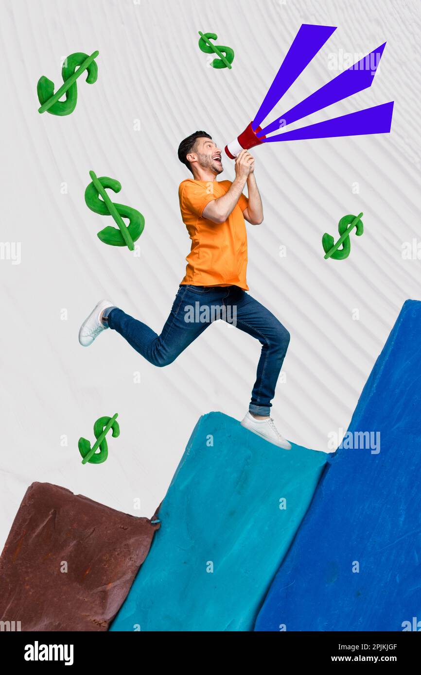 Vertical creative photo sketch collage of positive man running up shout ...