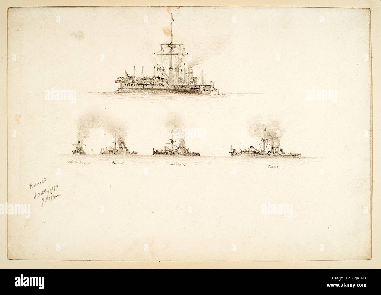 Hand drawing by Hugo Graf of four ironclads of the German Kaiserliche ...