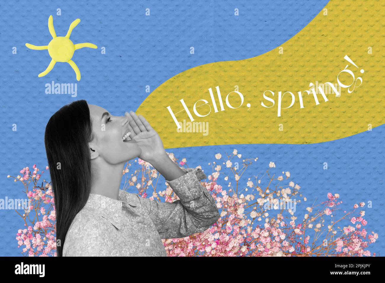 Composite collage portrait of positive black white effect girl hand ...