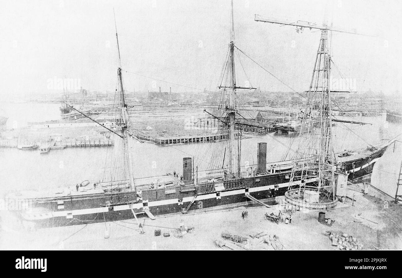 USS Tennessee at Brooklyn Navy Yard in 1875, during her conversion to a ...