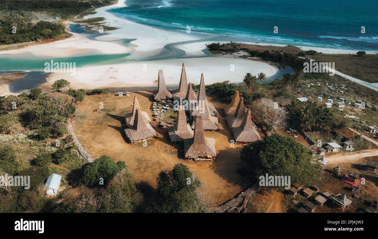 Aerial drobne view of traditional house of Ratenggaro in Sumba, East ...