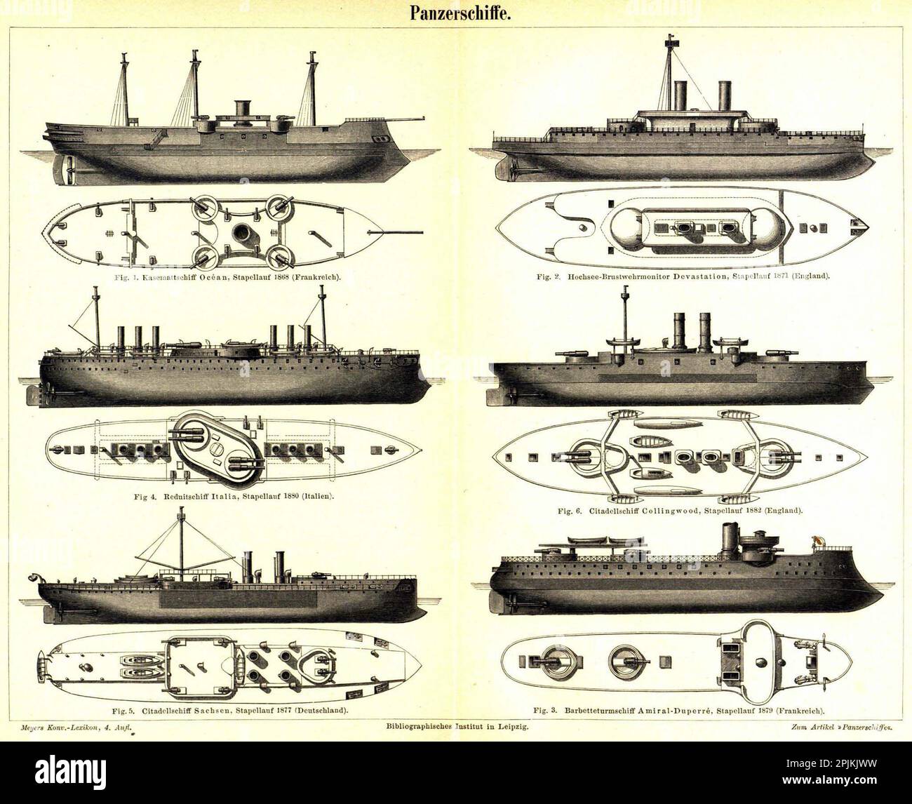 Marine engineer's drawings of six ironclad battleships of the 1800s ...