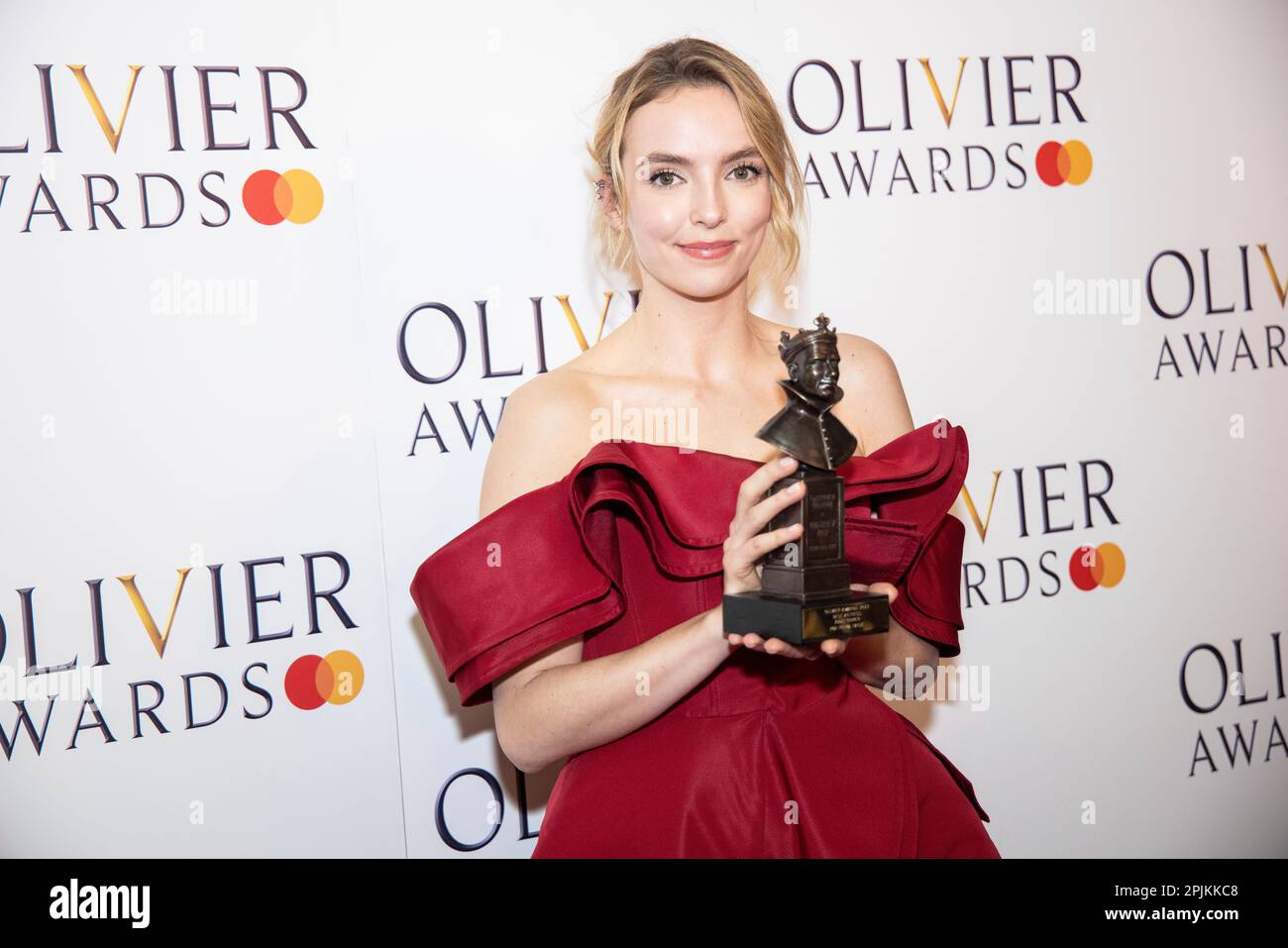 Jodie Comer, winner of the Best Actress award for "Prima Facie" poses ...