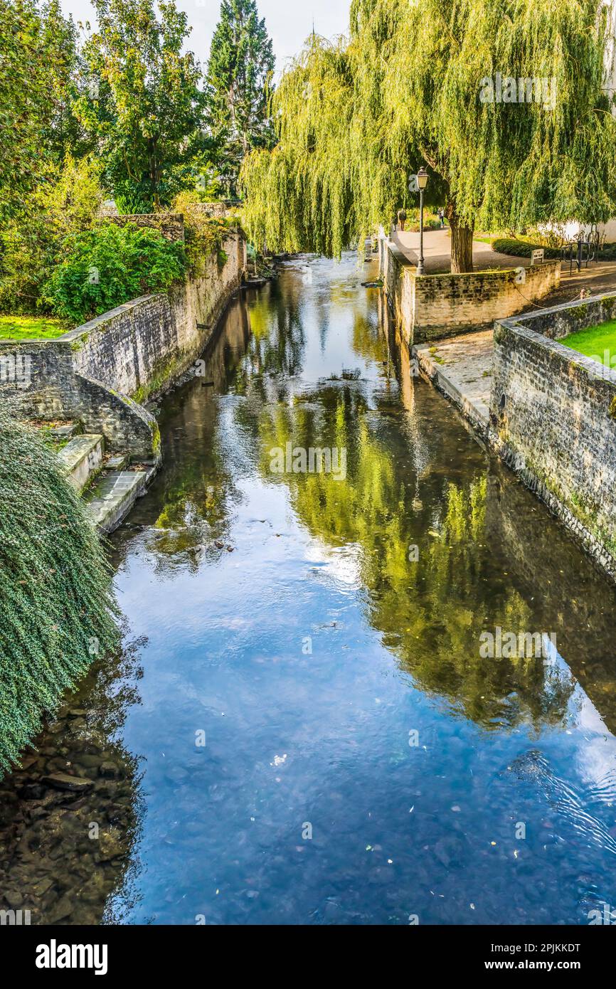 Colorful old buildings, Park Aure River reflection, Bayeux, Normandy ...