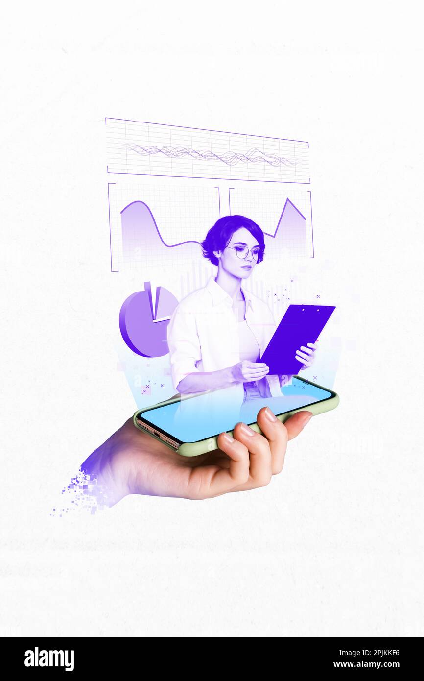Vertical collage of young worker assistant office lady hold notepad ...