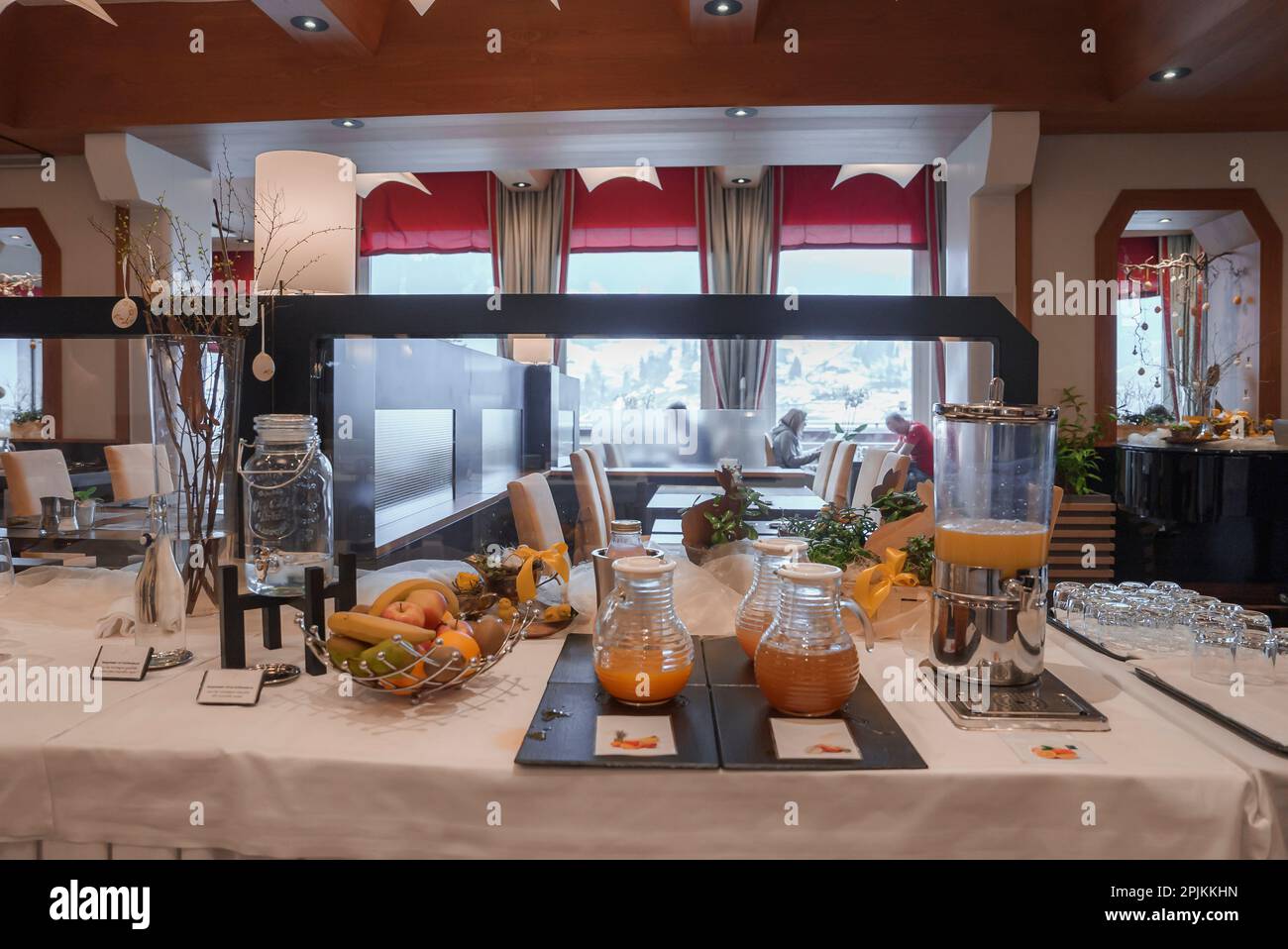 Various fruits and juice on buffet counter in luxury hotel Stock Photo ...