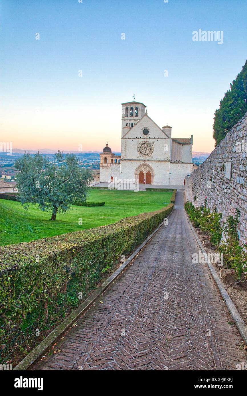 Italy, Umbria, Assisi. Walkway leading to the Basilica of San Francesco ...