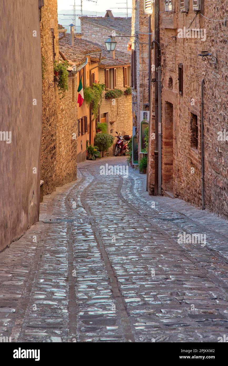 Italy, Umbria. Cobblestone street in the town of Spello Stock Photo - Alamy