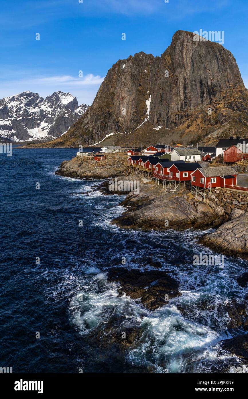 Norway, Lofoten Islands. Hamnoy (Reine), Red Rorbuer (fishermen's ...