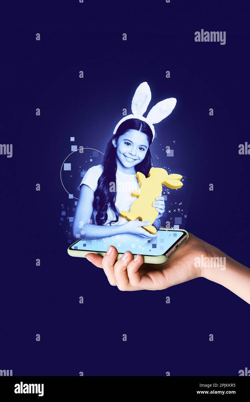 Creative template collage of future gadget notification with kid girl ...