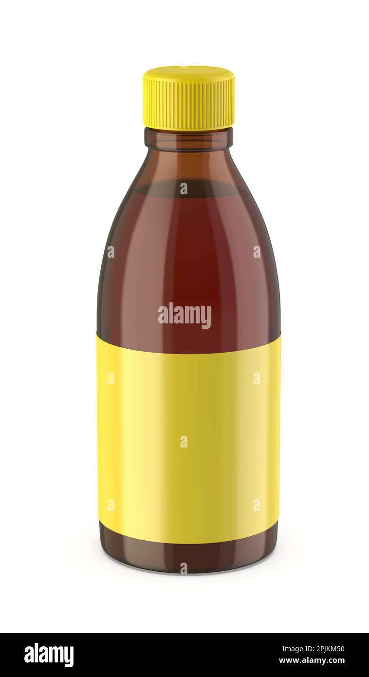 Amber glass bottle with yellow blank label, full with cough medicine ...