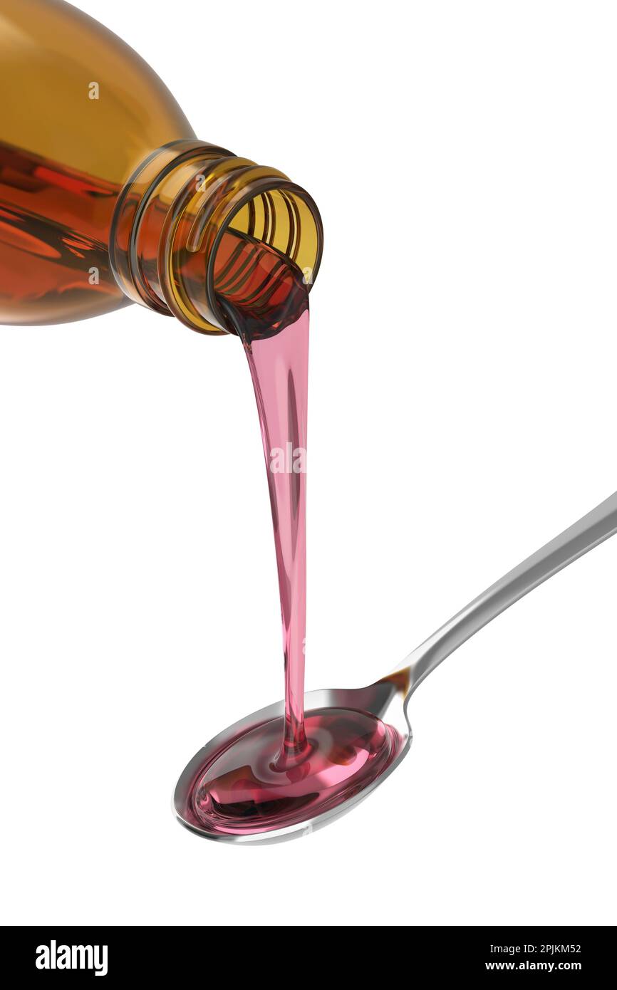 Pouring cough medicine syrup into spoon on white background Stock Photo ...