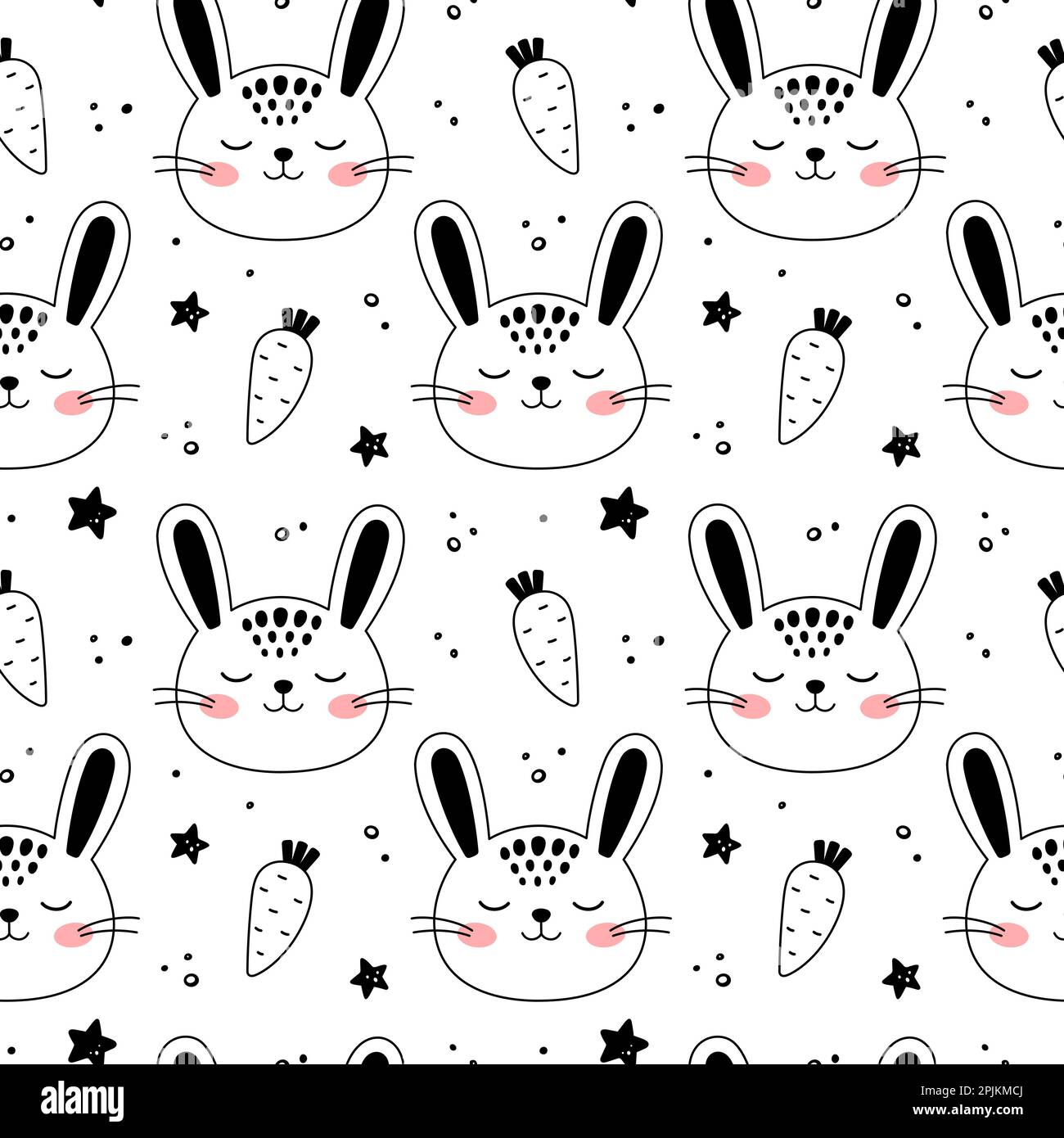 Little bunny doodle style. Hand drawn seamless pattern. Cute cartoon ...