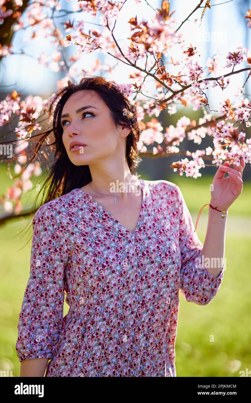 portrait of a beautiful woman posing by a blooming tree on a sunny ...
