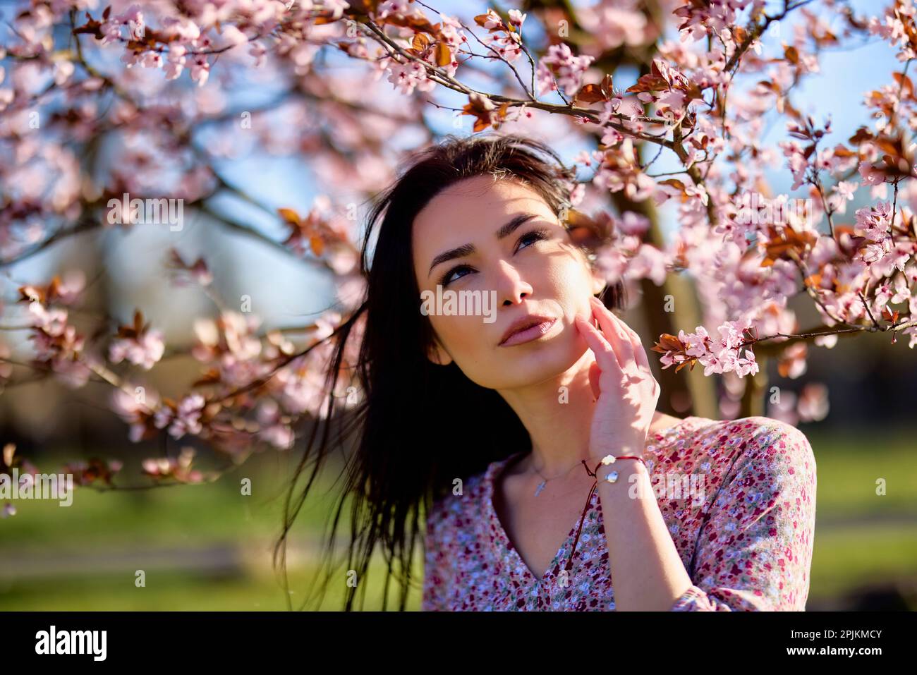 portrait of a beautiful woman posing by a blooming tree on a sunny ...