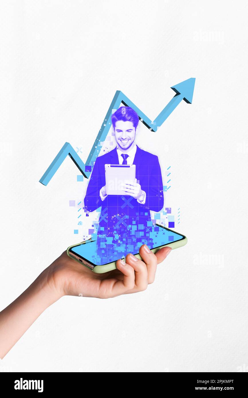 Collage of innovations holographic of young businessman apple siri ...