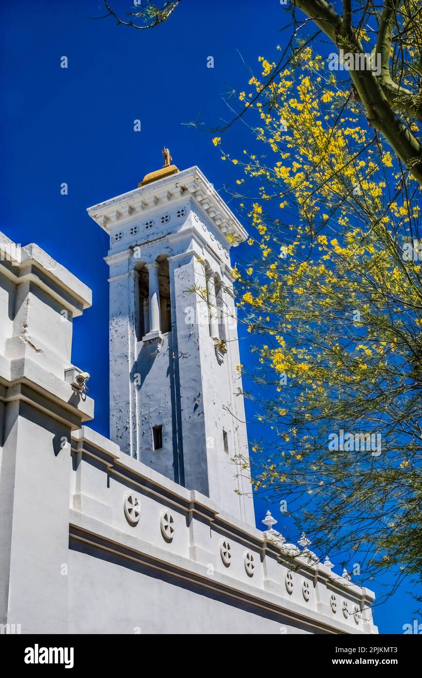 Bell tower, Santa Cruz Church, Tucson, Arizona. Founded 1918 Stock ...